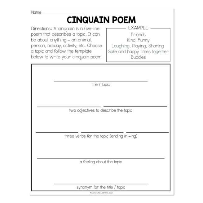 Poetry - Poem Types - Poem Writing Page - Cinquain - Lucky Little Learners