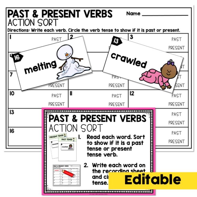 Editable - 1st Grade Grammar Center - Verb Tenses - Lucky Little Learners