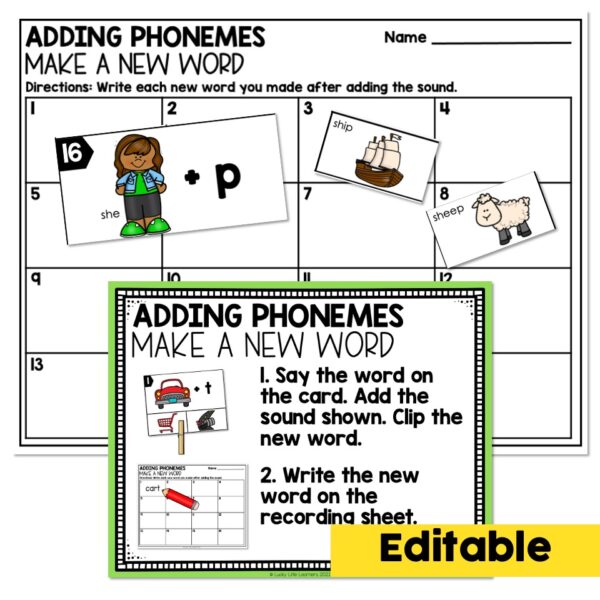 Editable - 1st Grade Phonemic and Phonological Center - Adding Phonemes ...