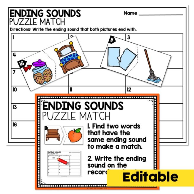 Editable - 1st Grade Phonemic and Phonological Center - Ending Sounds ...