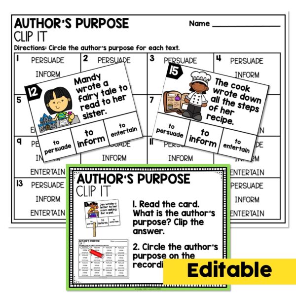 Editable - 1st Grade Reading Center - Author's Purpose - Lucky Little ...