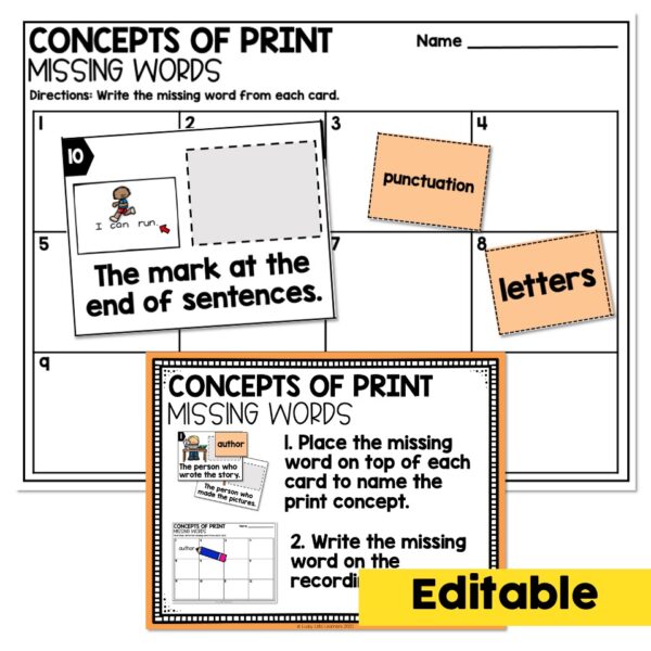 Editable - 1st Grade Reading Center - Concepts of Print - Lucky Little ...