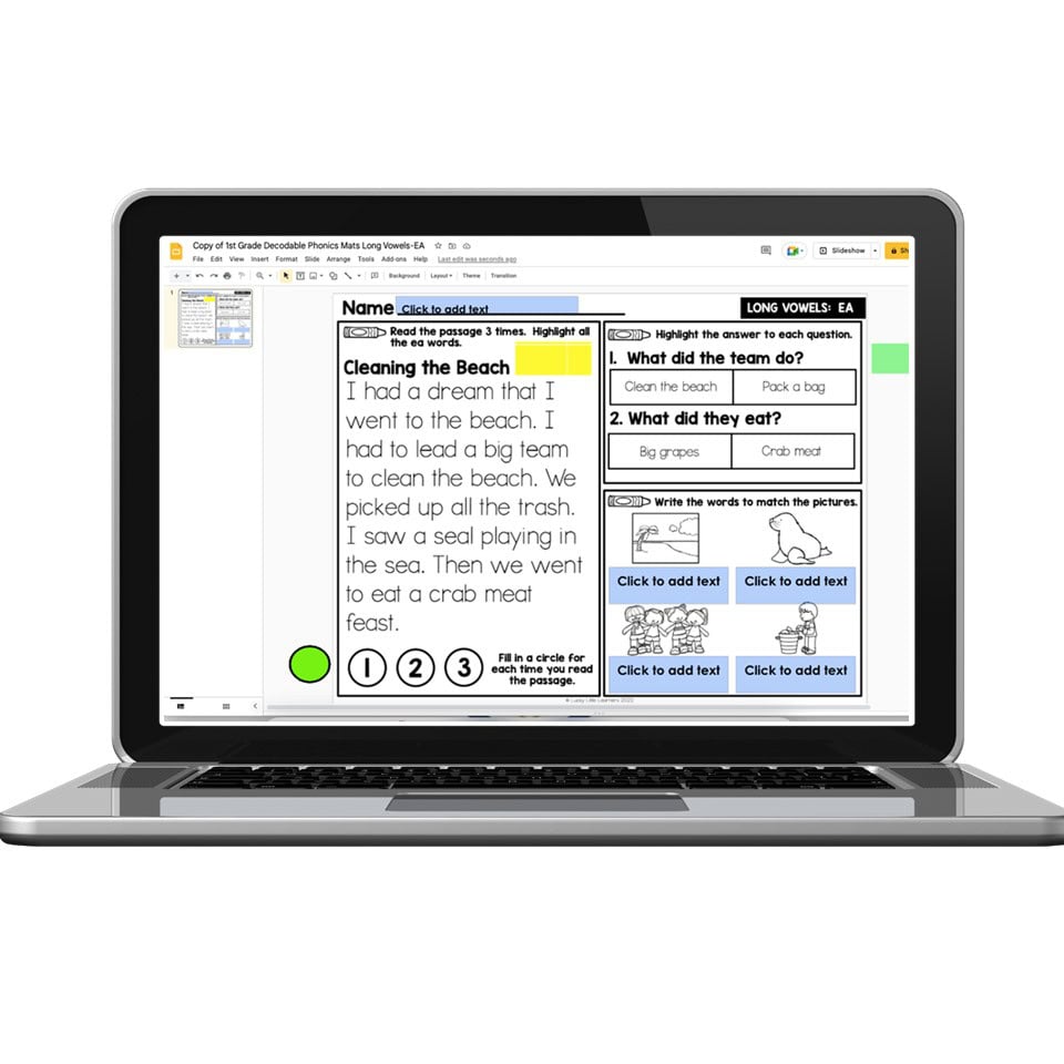 Digital 1st Grade Decodable Phonics Passage - Long Vowels - EA - Lucky ...