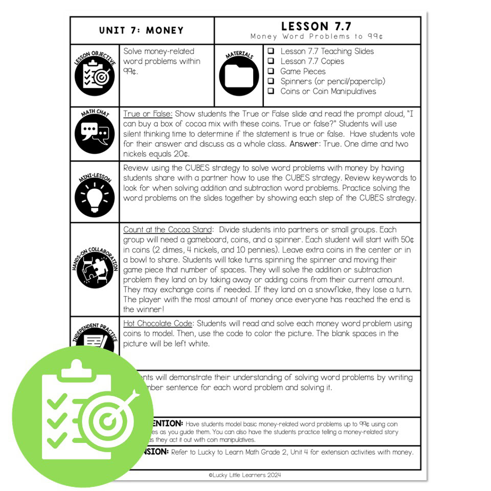 Lucky to Learn Math - 1st Grade - Lesson 7.7 - Money Word Problems up ...