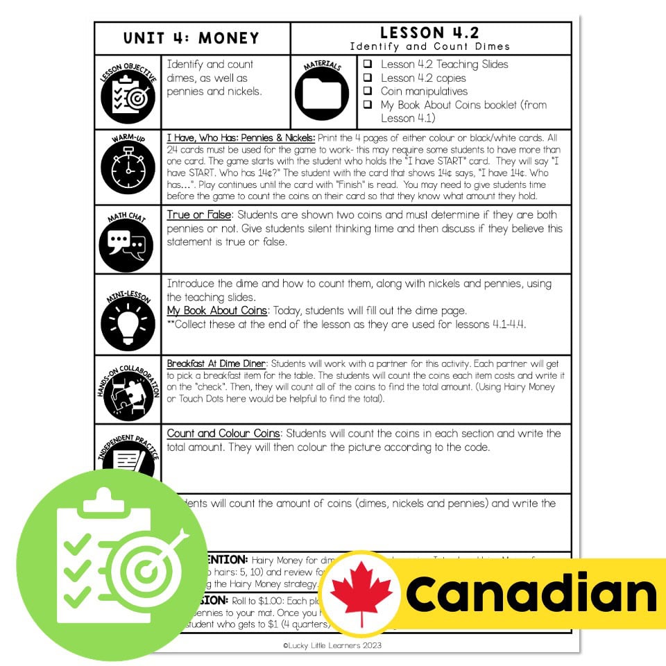 Lucky to Learn Math - Canadian Money - Dimes - Lesson 4.2 - Lesson Plan ...