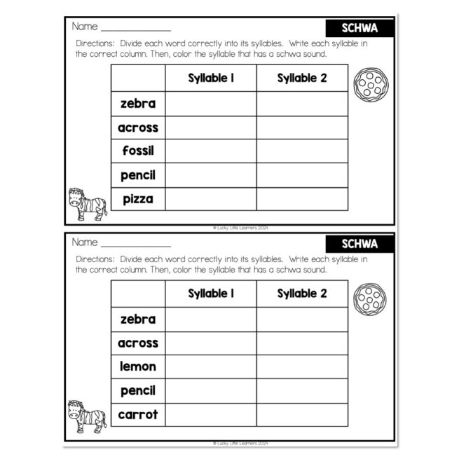 Lucky to Learn Phonics - Syllables - Schwa Syllables - Half-Pager ...