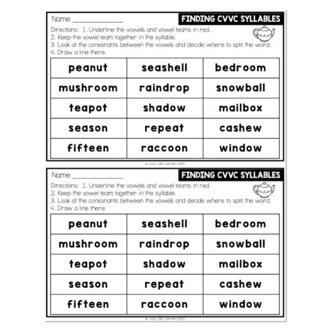Lucky to Learn Phonics - Syllables - Vowel Team Syllables - Half-Pager ...