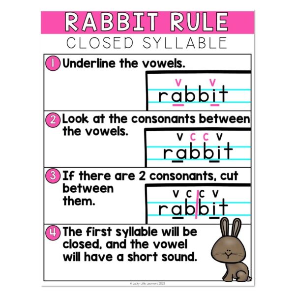 Multisyllable Words Book - Anchor Chart - Rabbit Rule - Closed Syllable ...