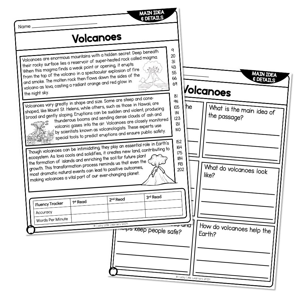 Main Idea Reading Passage – Volcanoes – Above - Lucky Little Learners