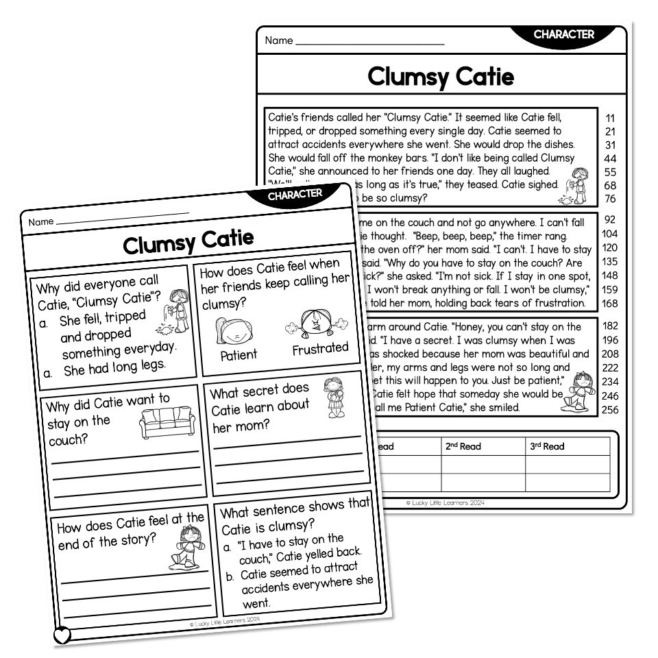 2nd Grade Character Reading Passage - Clumsy Catie - At - Lucky Little ...