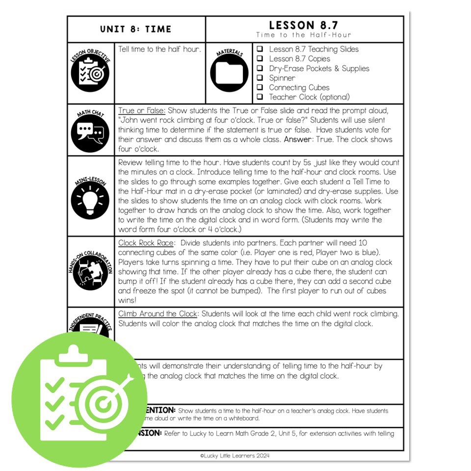Lucky to Learn Math - 1st Grade - Lesson 8.7 - Time to the Half Hour ...