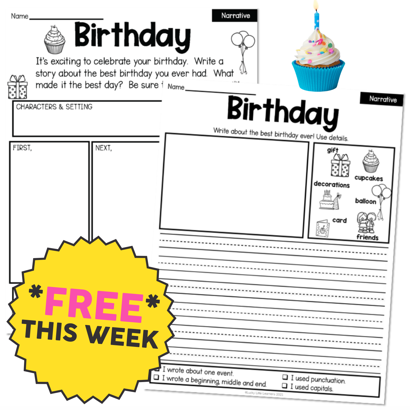 1st Grade May Writing Pages - Narrative - Birthday - Lucky Little Learners