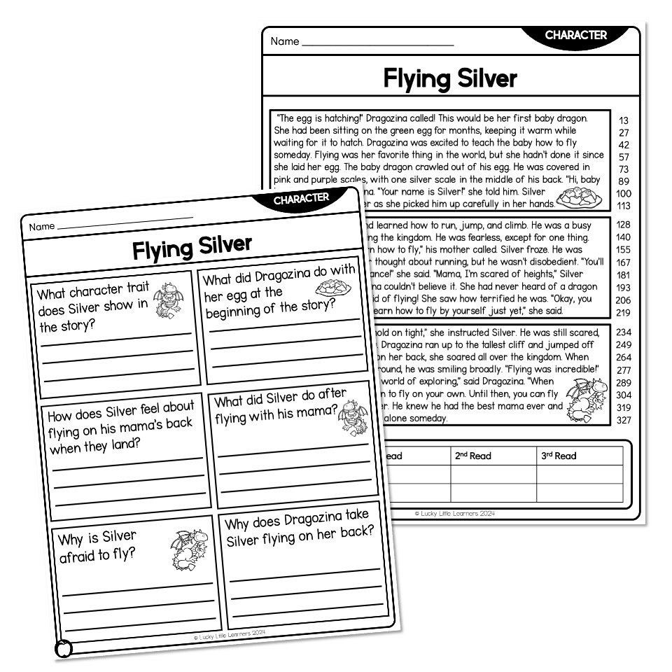 2nd Grade Character Reading Passage - Flying Silver - Above - Lucky ...