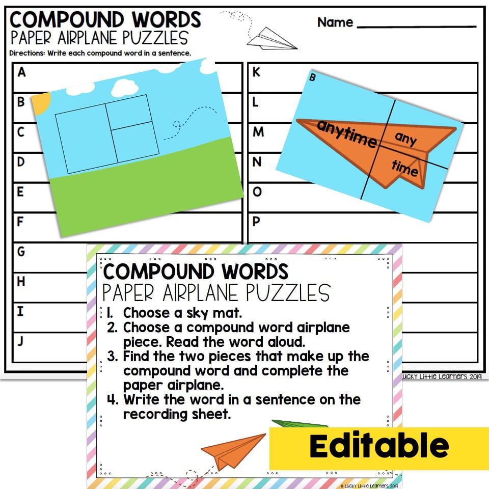 Editable - 2nd Grade Phonics Center - Compound Words - Lucky Little ...