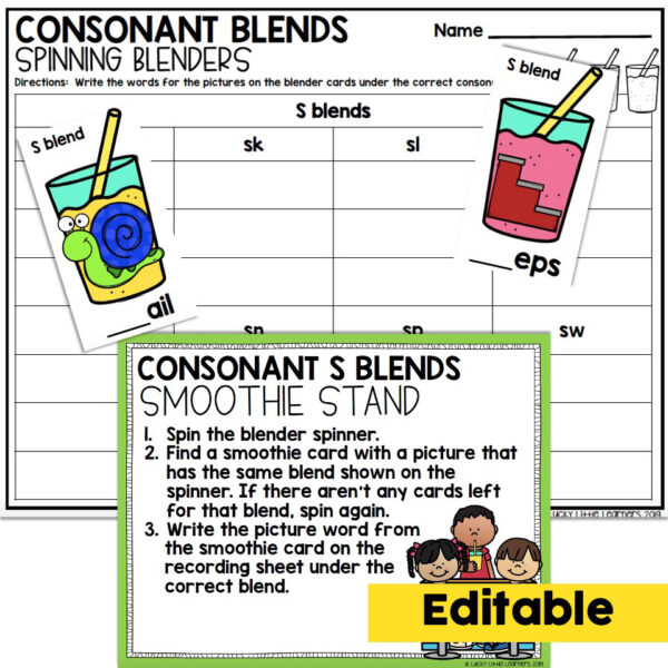 Editable - 2nd Grade Phonics Center - Consonant S Blends - Lucky Little ...