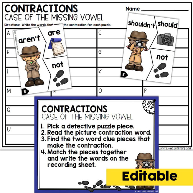 Editable - 2nd Grade Phonics Center - Contractions - Lucky Little Learners