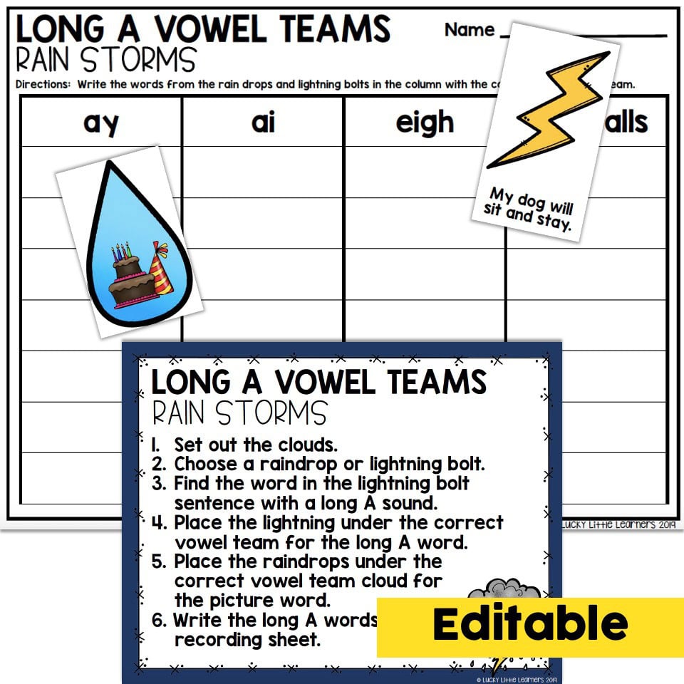 Editable - 2nd Grade Phonics Center - Long A Vowel Teams - Lucky Little ...