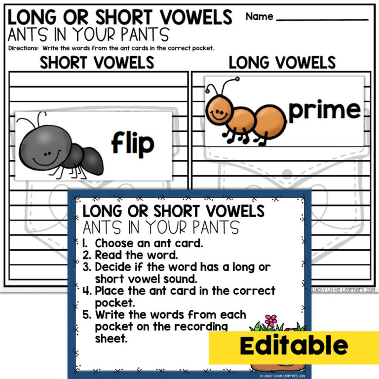 Editable - 2nd Grade Phonics Center - Long or Short Vowels - Lucky ...