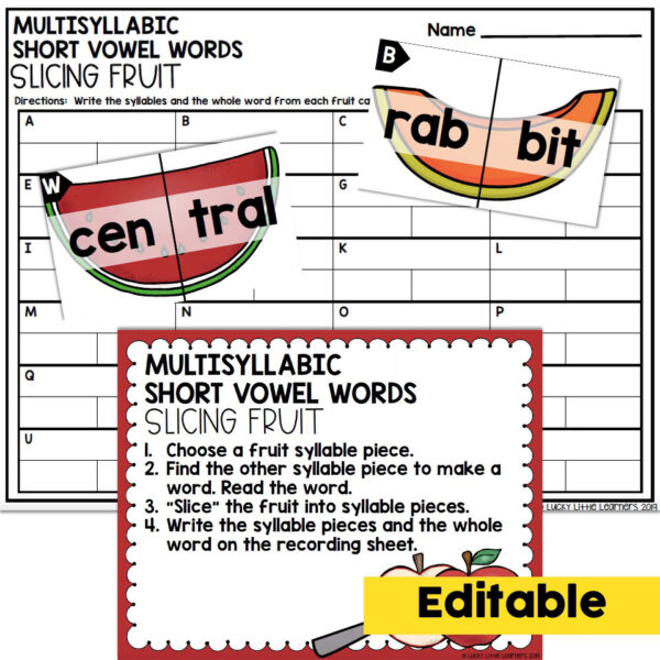 Editable - 2nd Grade Phonics Center - Multisyllabic Short Vowel Words ...