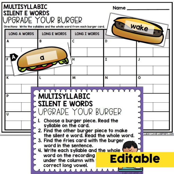 Editable - 2nd Grade Phonics Center - Multisyllabic Silent E Words ...
