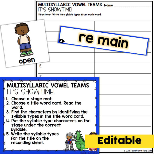 Editable - 2nd Grade Phonics Center - Multisyllabic Vowel Teams - Lucky ...