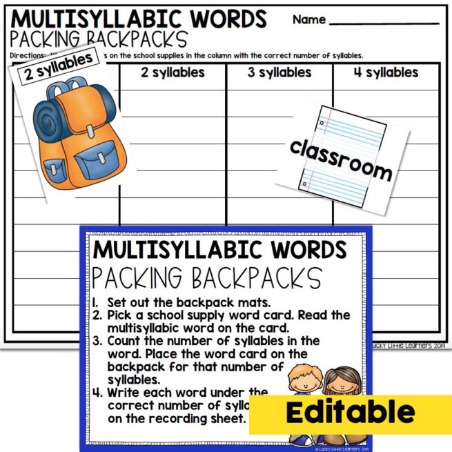 Editable - 2nd Grade Phonics Center - Multisyllabic Words - Lucky ...