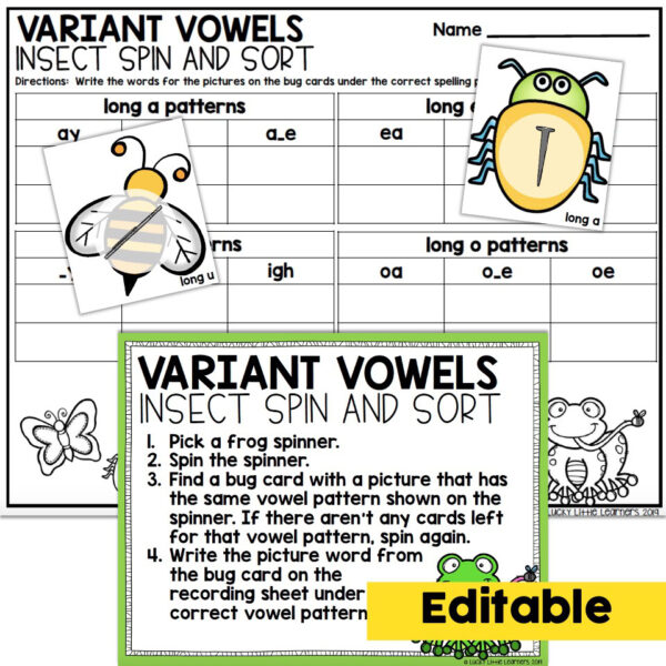 Editable - 2nd Grade Phonics Center - Variant Vowels - Lucky Little ...