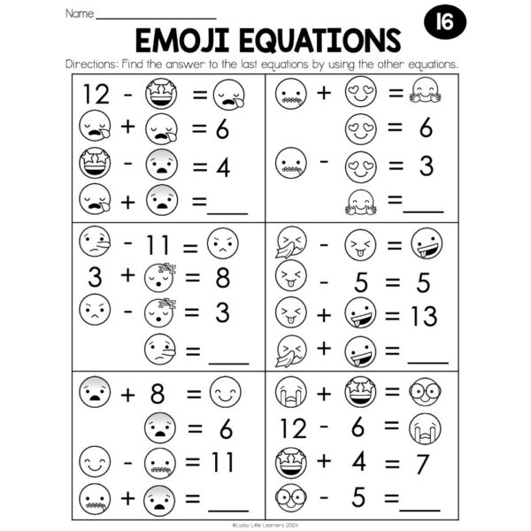 Logic Puzzle - Emoji Equations - Addition - Subtraction Within 20 - 16 ...