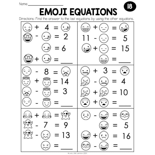 Logic Puzzle - Emoji Equations - Addition - Subtraction Within 20 - 18 ...