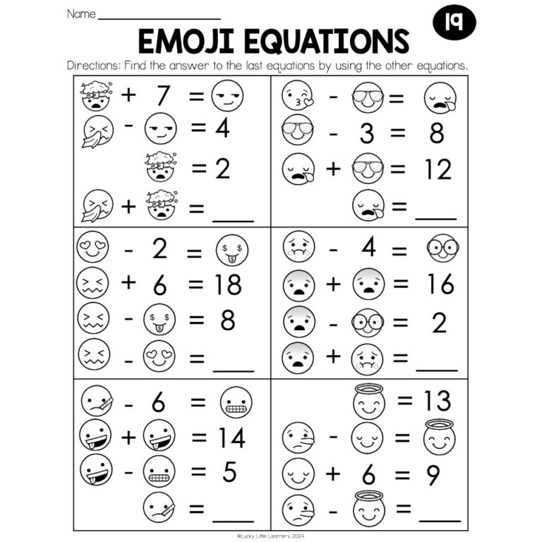 Logic Puzzle - Emoji Equations - Addition - Subtraction Within 20 - 19 ...