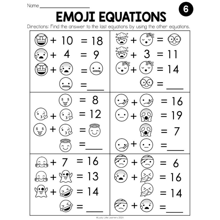Logic Puzzle - Emoji Equations - Addition Within 20 - 6 - Lucky Little ...