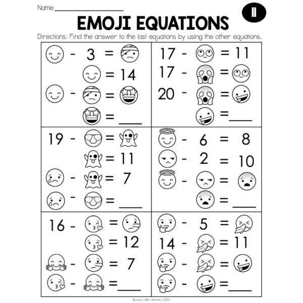 Logic Puzzle - Emoji Equations - Subtraction Within 20 - 11 - Lucky ...