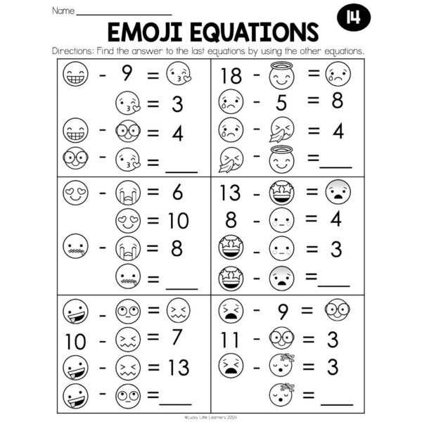 Logic Puzzle - Emoji Equations - Subtraction Within 20 - 14 - Lucky ...