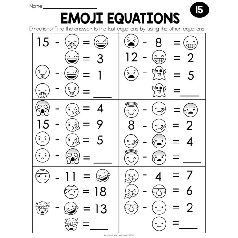 Logic Puzzle - Emoji Equations - Subtraction Within 20 - 15 - Lucky ...