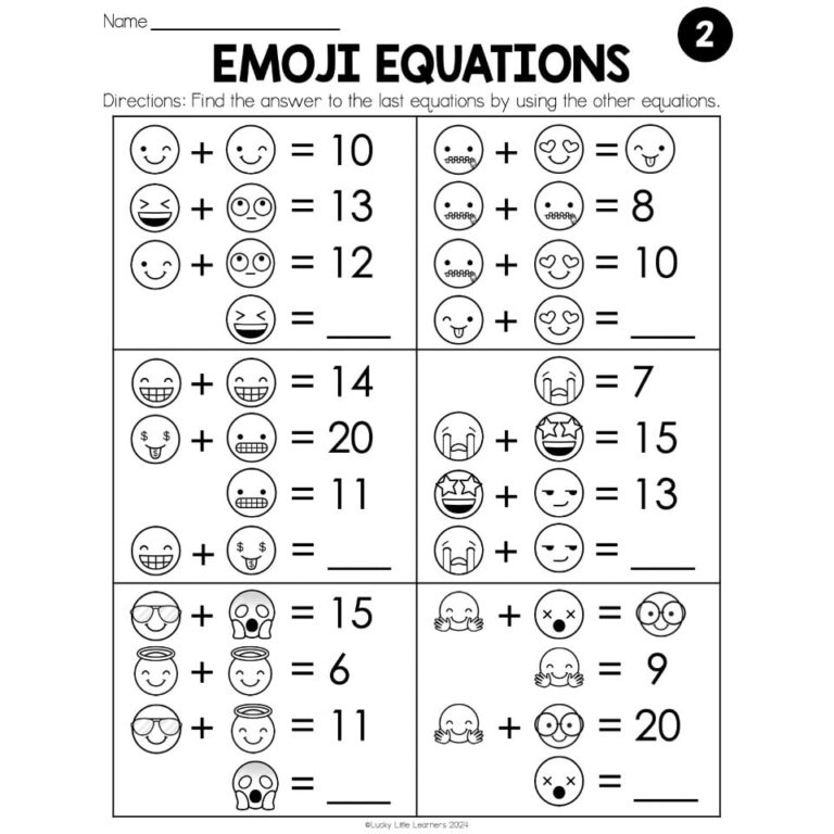 Logic Puzzle - Emoji Equations - Addition Within 20 - 2 - Lucky Little ...