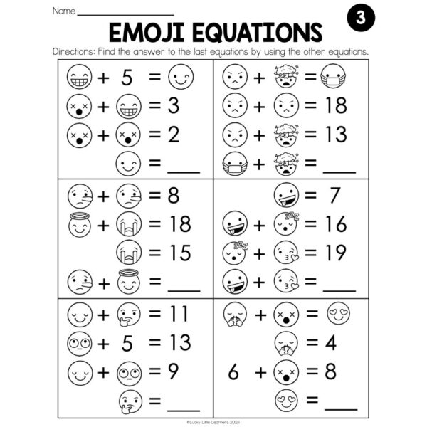 Logic Puzzle - Emoji Equations - Addition Within 20 - 3 - Lucky Little ...
