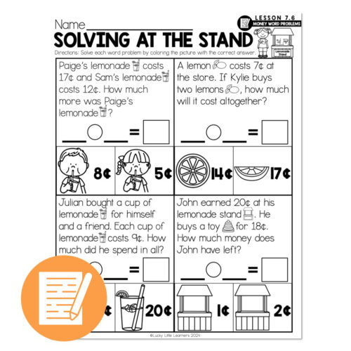 Lucky to Learn Math - 1st Grade - Lesson 7.6 - Money Word Problems up ...