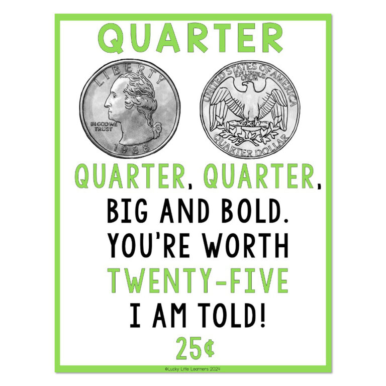 Lucky to Learn Math - 1st Grade - Unit 7 Money - Anchor Chart - Quarter ...