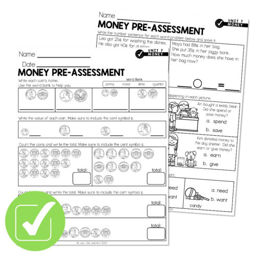 Lucky to Learn Math - 1st Grade - Unit 7 Money - Pre-Assessment - Lucky ...
