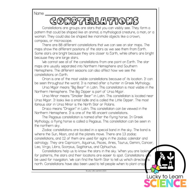 Lucky to Learn Science - Constellations - Reading Passage Article ...