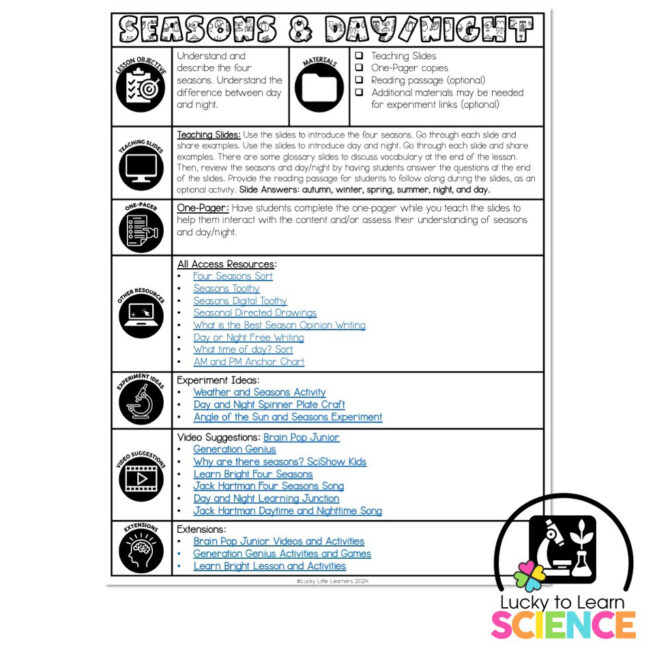 Lucky to Learn Science - Seasons and Day to Night - Teacher's Guide ...