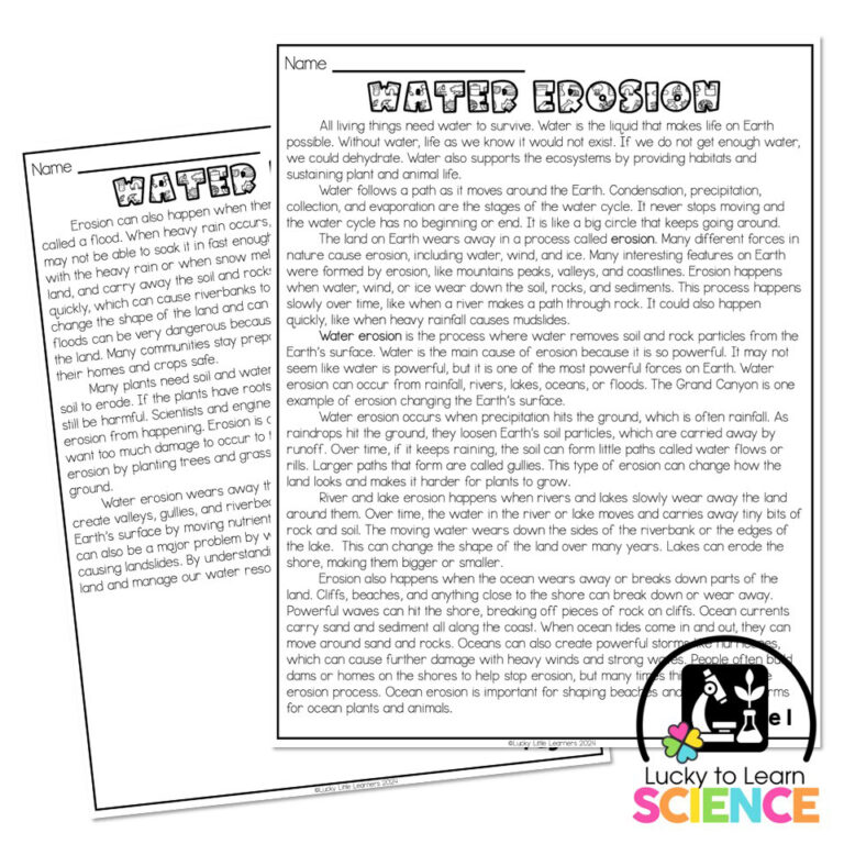 Lucky to Learn Science - Water Erosion - Reading Passage Article ...