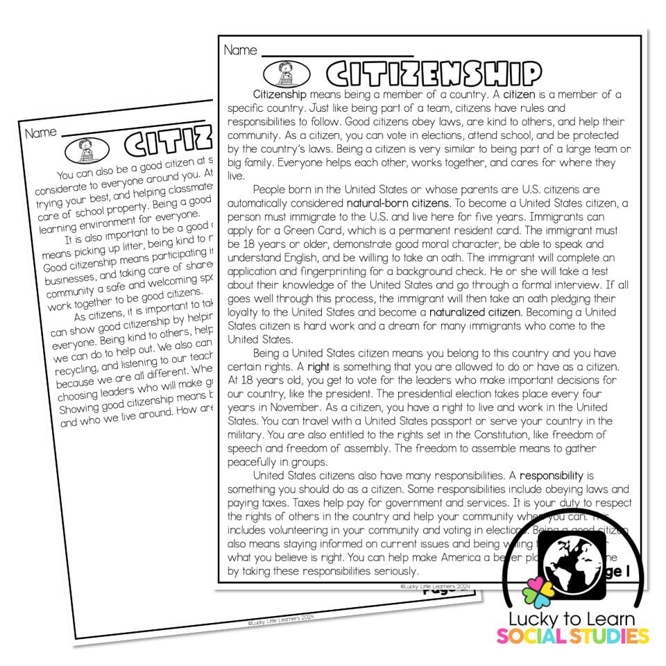 Lucky to Learn Social Studies - Citizenship - Reading Passage Article ...