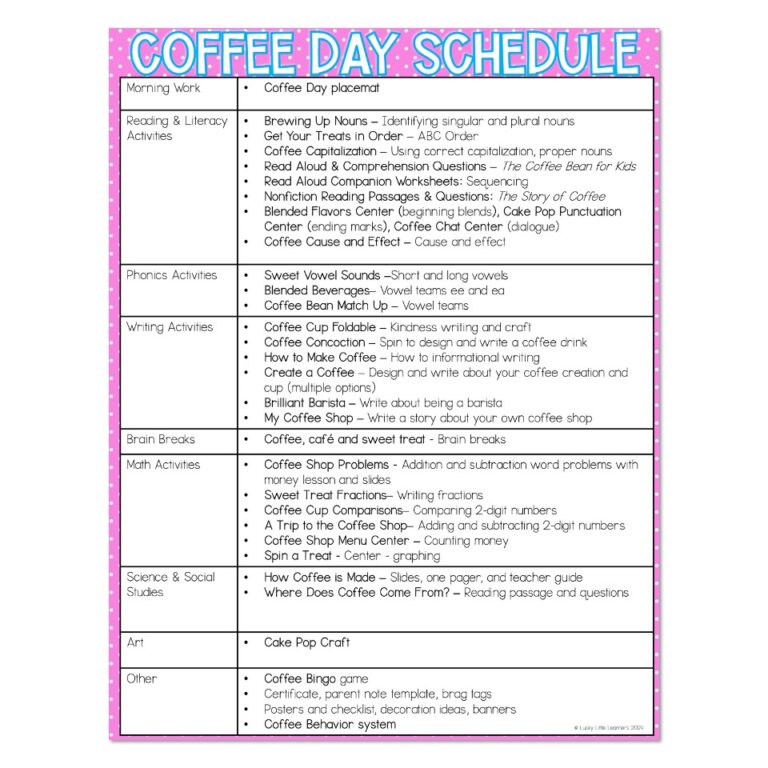 Coffee Shop Transformation - Coffee Day Schedule - Lucky Little Learners