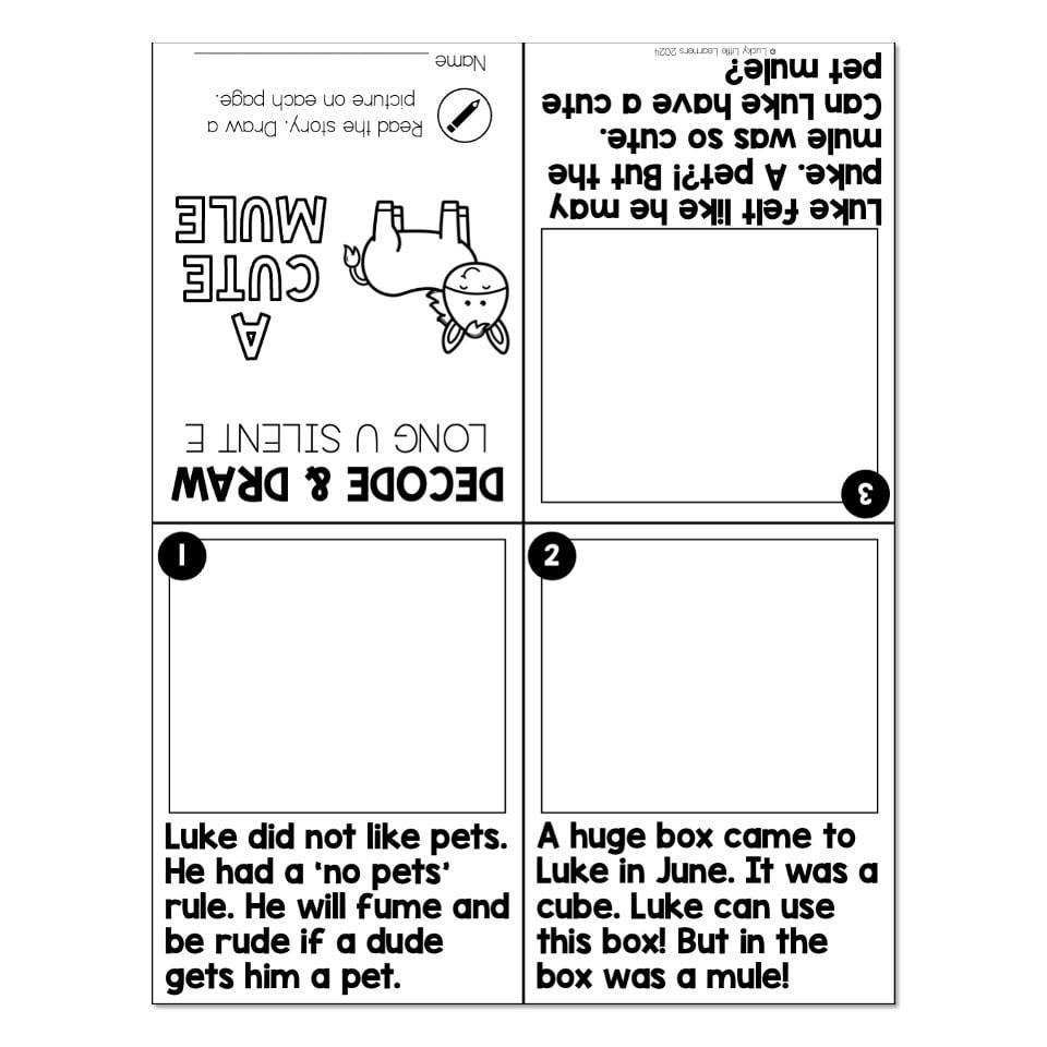 Decode and Draw - Long U Silent E - A Cute Mule - Lucky Little Learners