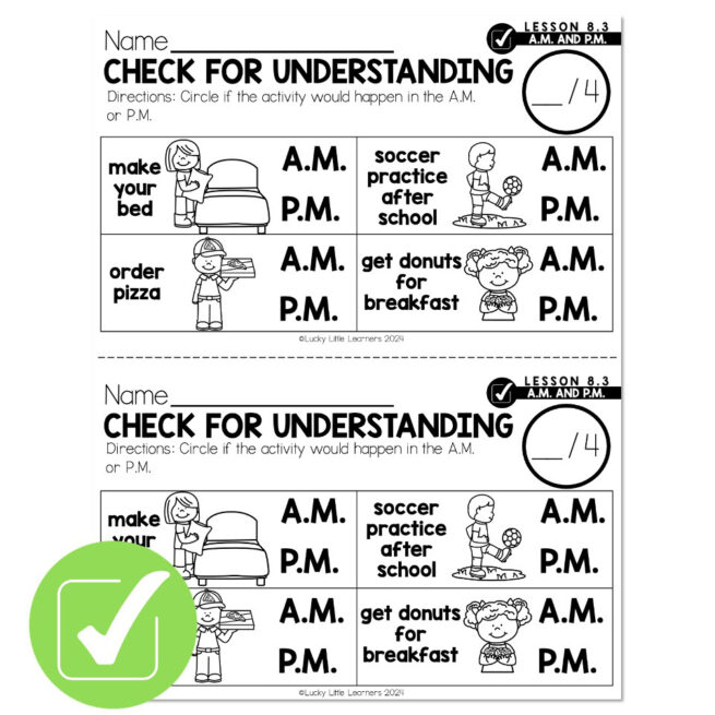 Lucky to Learn Math - 1st Grade - Lesson 8.3 - A.M. and P.M. - Check ...