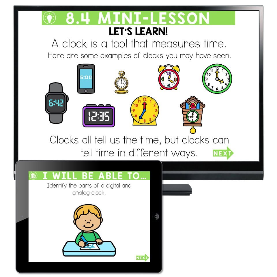 Lucky to Learn Math - 1st Grade - Lesson 8.4 - Parts of a Clock ...