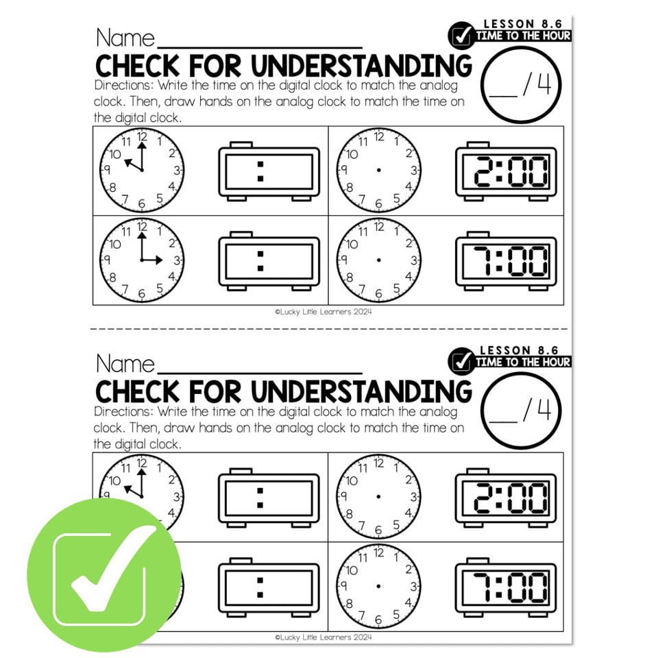 Lucky to Learn Math - 1st Grade - Lesson 8.6 - Time to the Hour - Check ...
