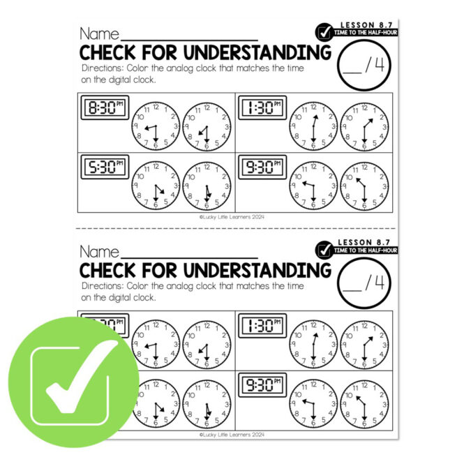 Lucky to Learn Math - 1st Grade - Lesson 8.7 - Time to the Half Hour ...