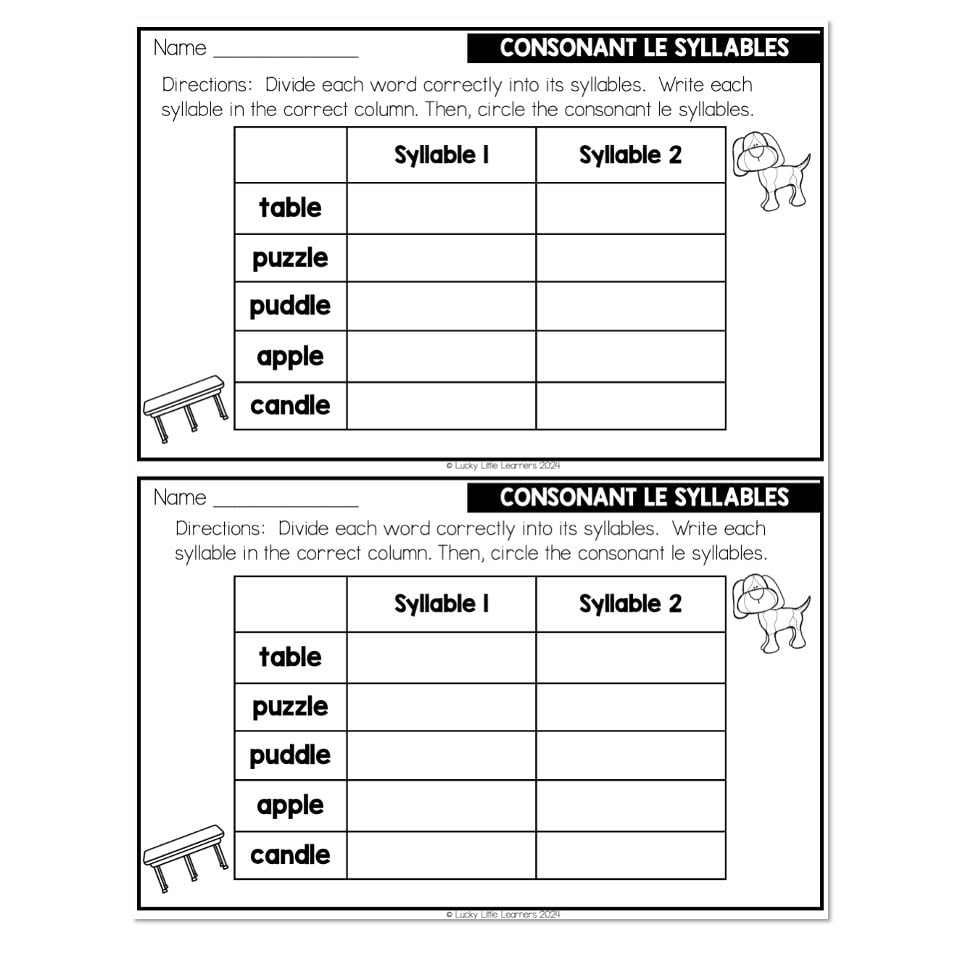 Lucky to Learn Phonics - Syllables - Consonant LE Syllables - Half ...